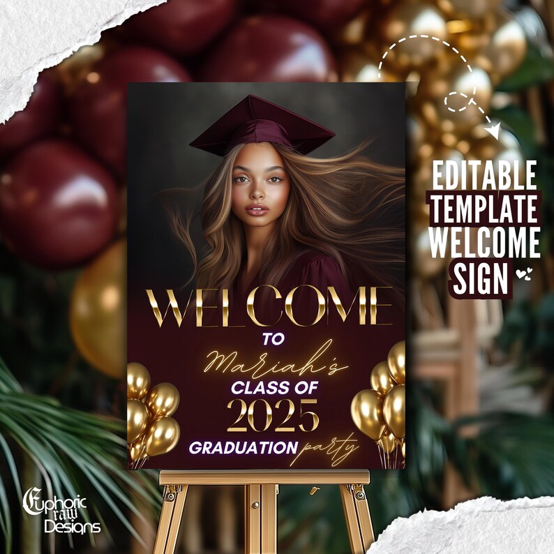 Digital Graduation Welcome Sign Template, Gold Grad Signage, Maroon ...