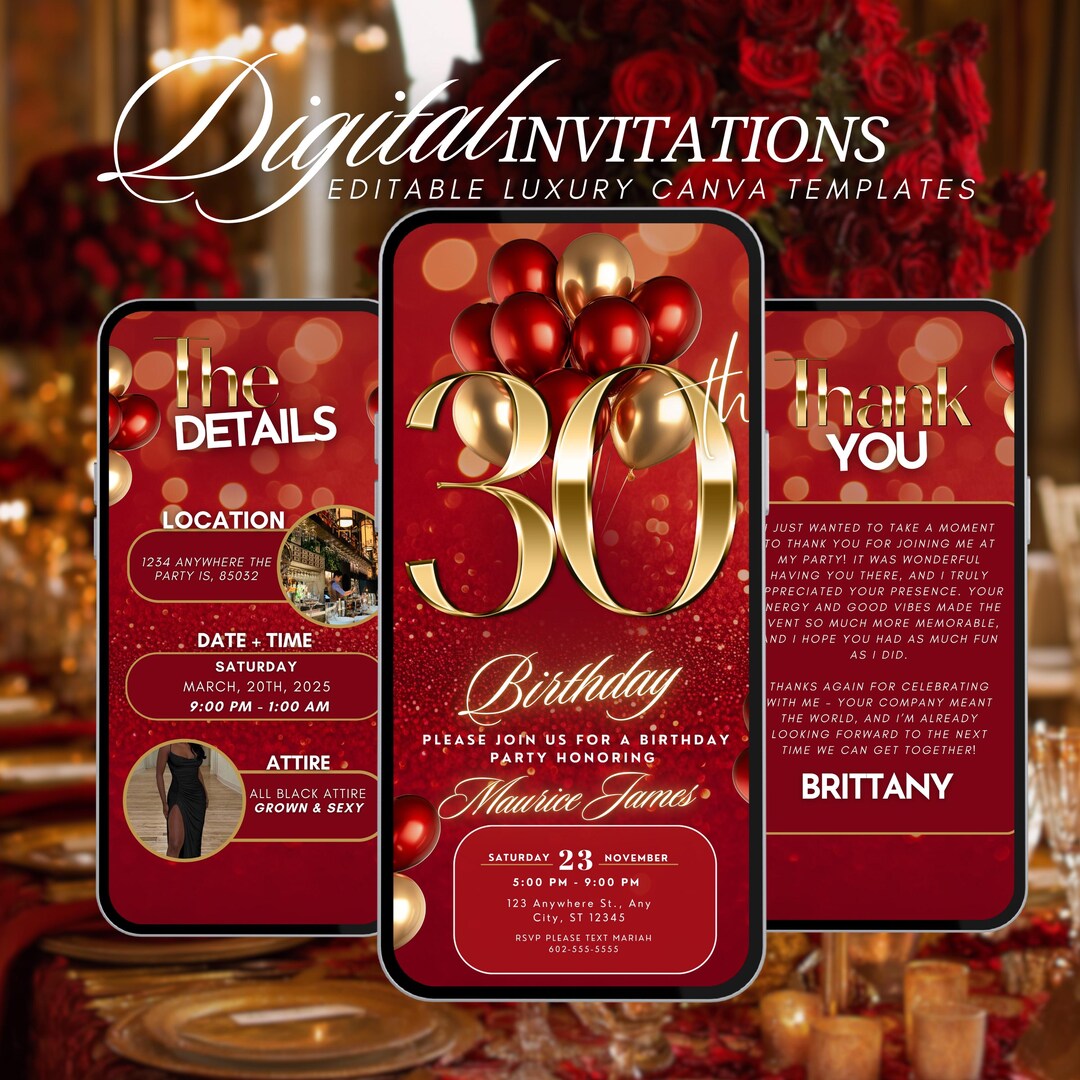 Elegant 30th Birthday Invitation, 30th Red Gold Balloons Video Invite ...