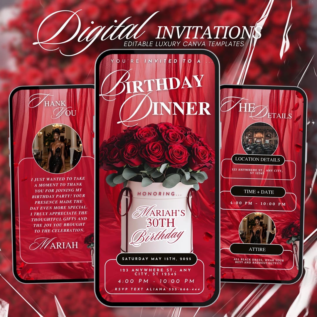 Animated Birthday Dinner Video Invitation, Customizable Red Roses ...