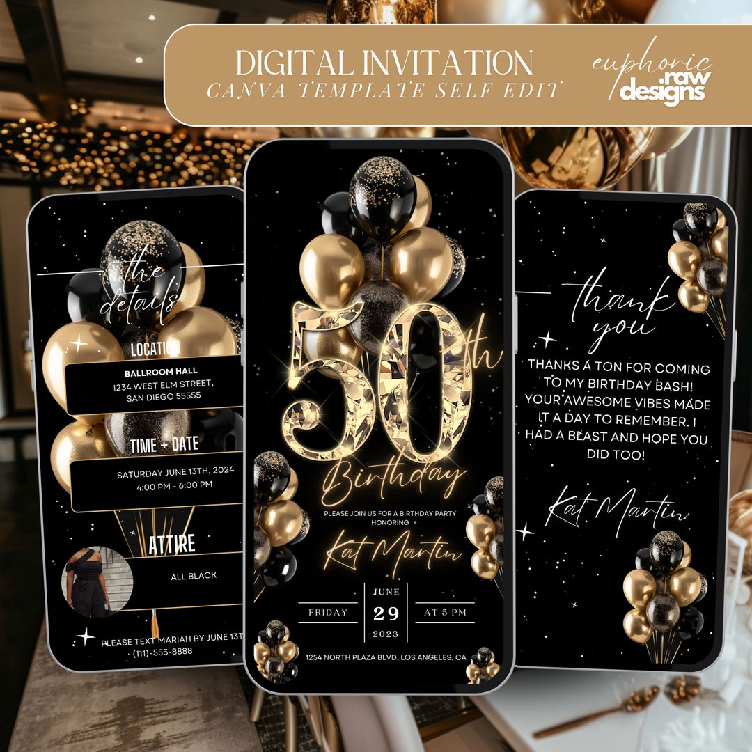 50th Birthday Party Invitation, Gold Black Digital 50th Glam Dinner ...