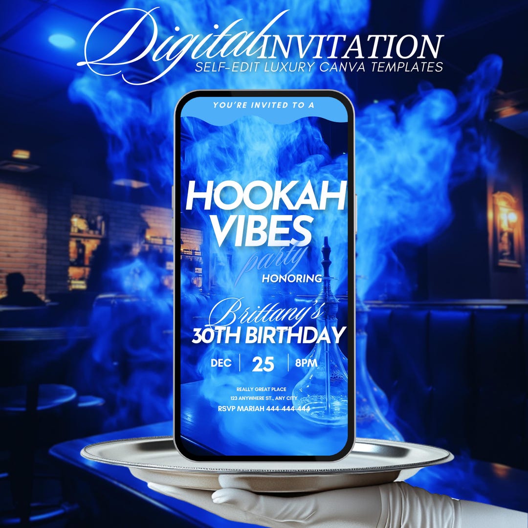 Blue Hookah Birthday Invitation Flyer, Digital Shisha Lounge Invite ...