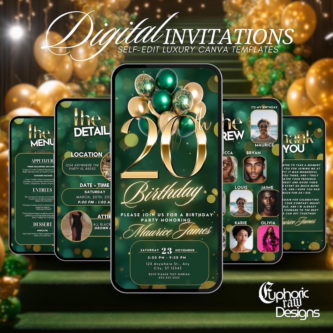 20th Birthday Green Gold Invitation, 20th Party Animated Elegant ...