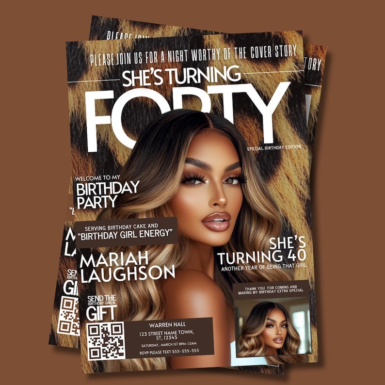 40th Birthday Magazine Invitation, Leopard Cheetah Print Digital Party ...
