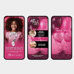 7th Birthday Party Invitation, Neon Pink and Glitter Template, Seventh ...