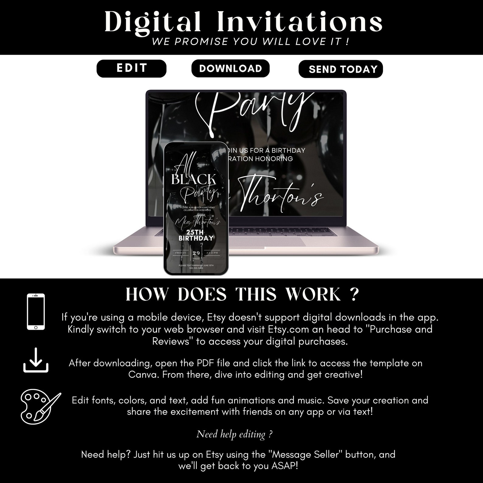 All Black Birthday Party Invitation, Birthday Dinner, Birthday Brunch ...