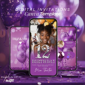 12th Birthday Invitation, Purple Neon, Princess, Girl Electronic Invite ...