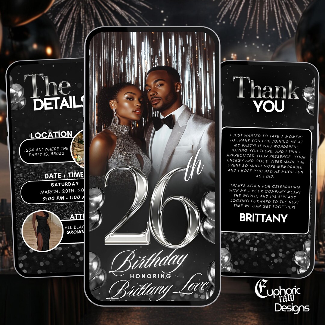 Digital 26th Birthday Invitation, Animated Black & Silver Dinner Invite ...