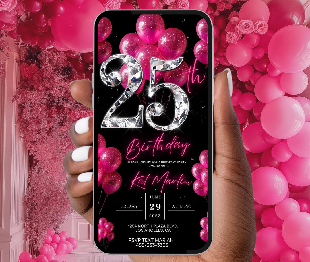 25th Birthday Invitation, Neon Pink Balloons Diamonds, Editable Digital ...