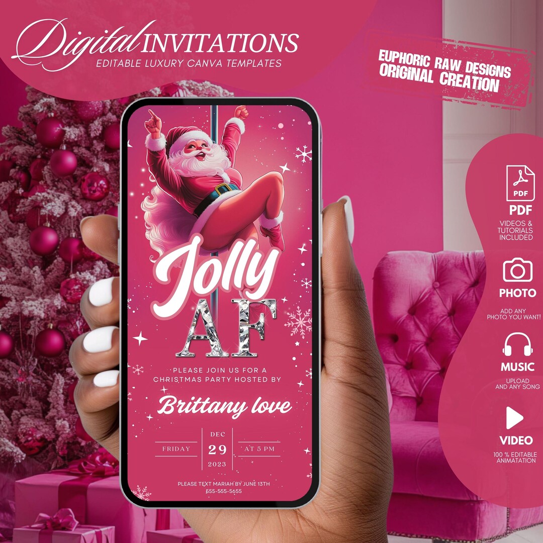 Digital Funny Christmas Jolly AF, Pink Friendmas Invitation, Editable ...