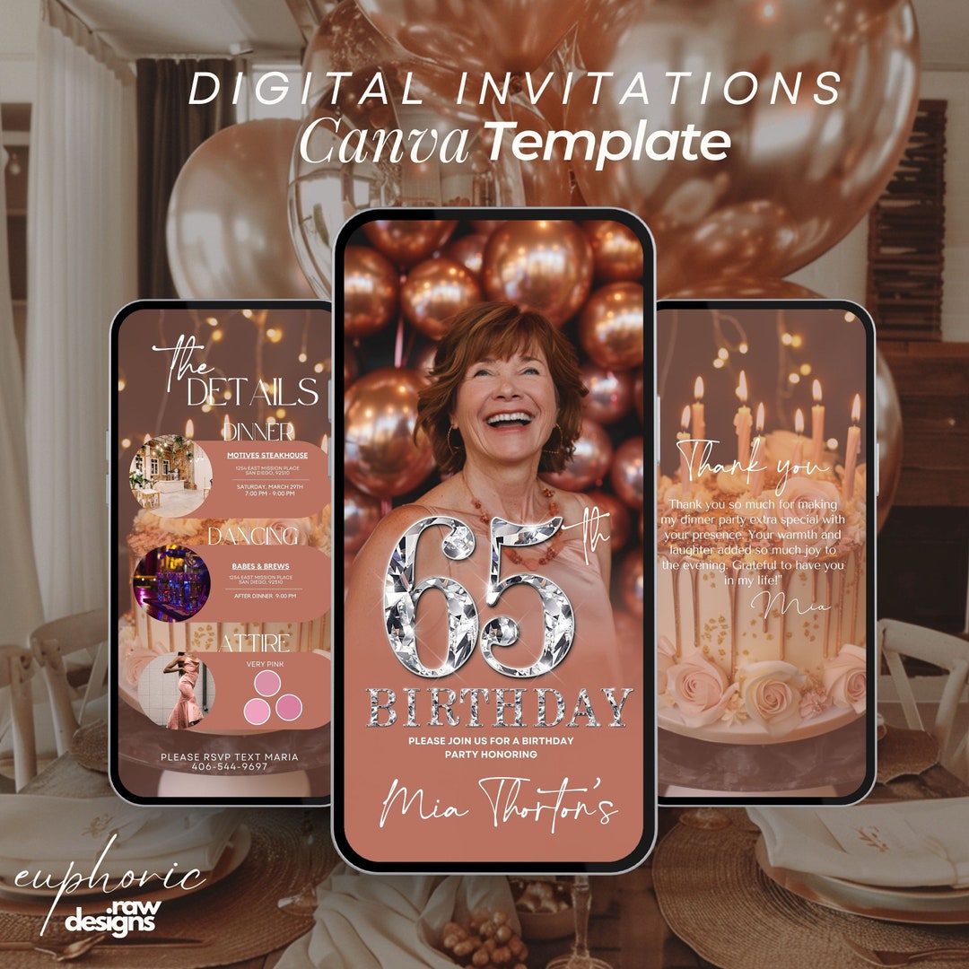 65th Birthday Invitation Itinerary, Pink Rose Gold Invite, Diamond ...