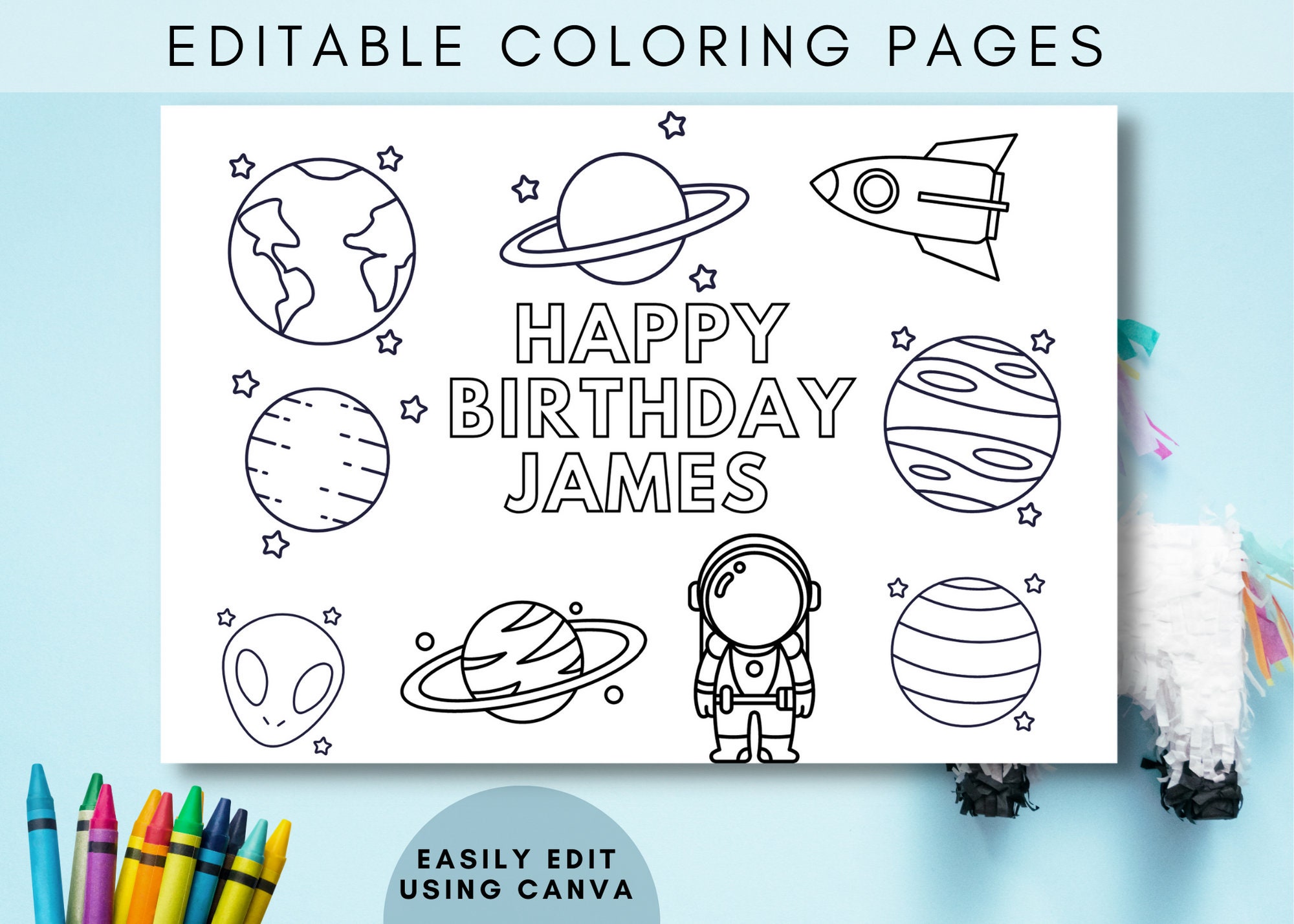 Editable Birthday Coloring Page for Kids Planet Astronaut - Etsy Canada