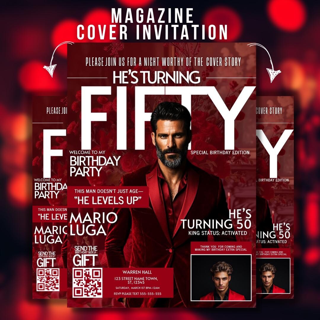 Red 50th Birthday Magazine Invitation, Men Modern Party Flyer for Boys ...