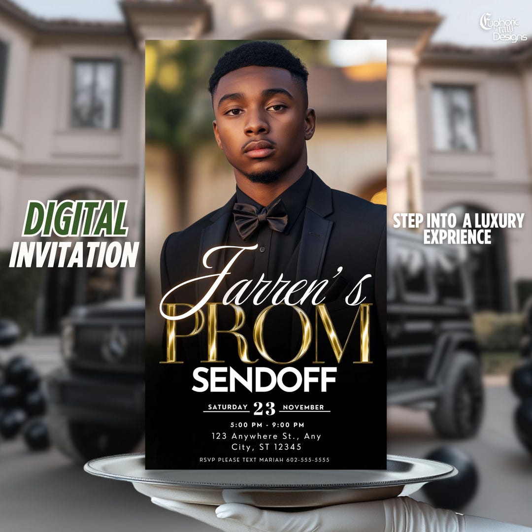 Black Gold Prom Send off Digital Invitation, Boys Editable Flyer ...