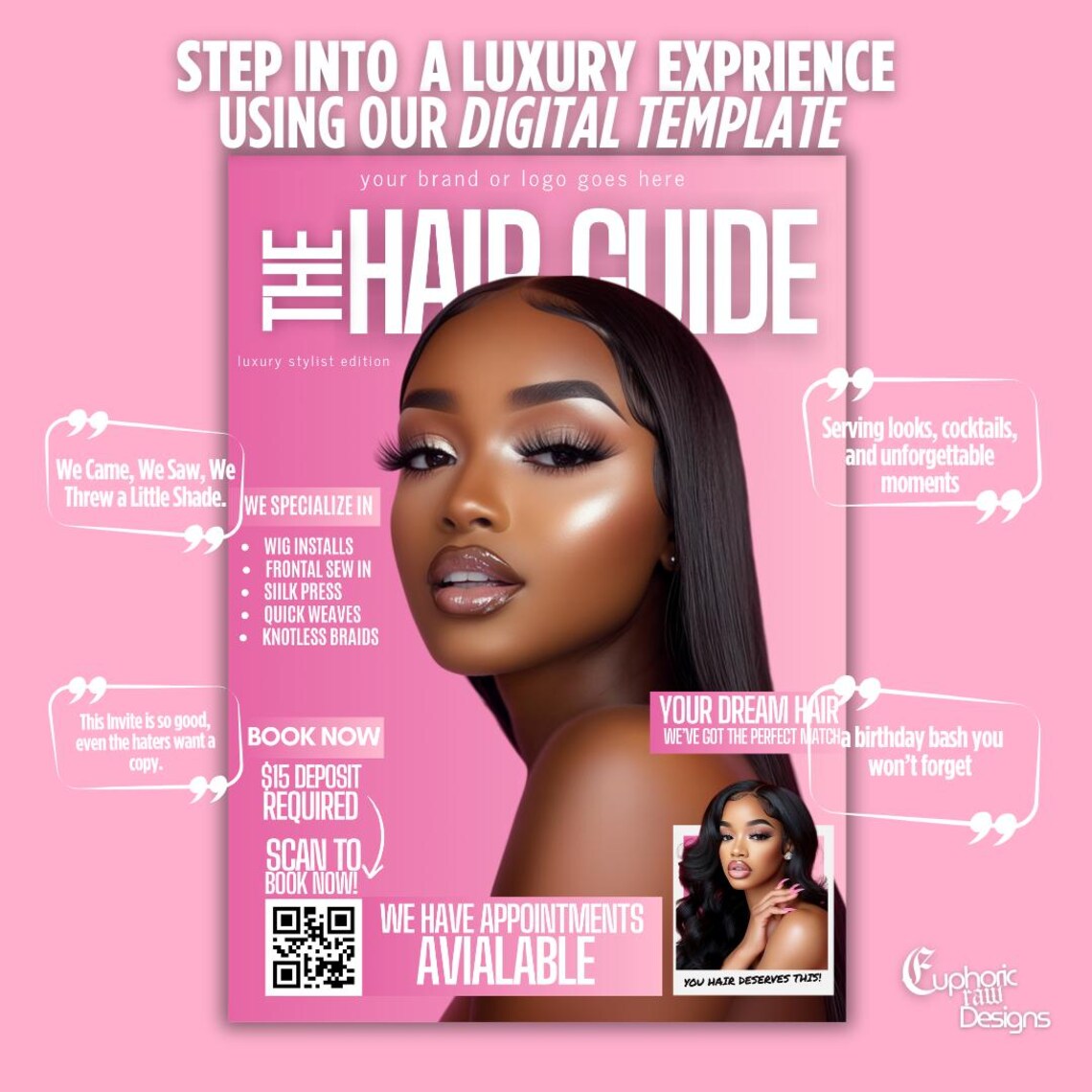 Digital Hair Magazine Cover Booking Flyer, DIY Canva Template, Pink ...