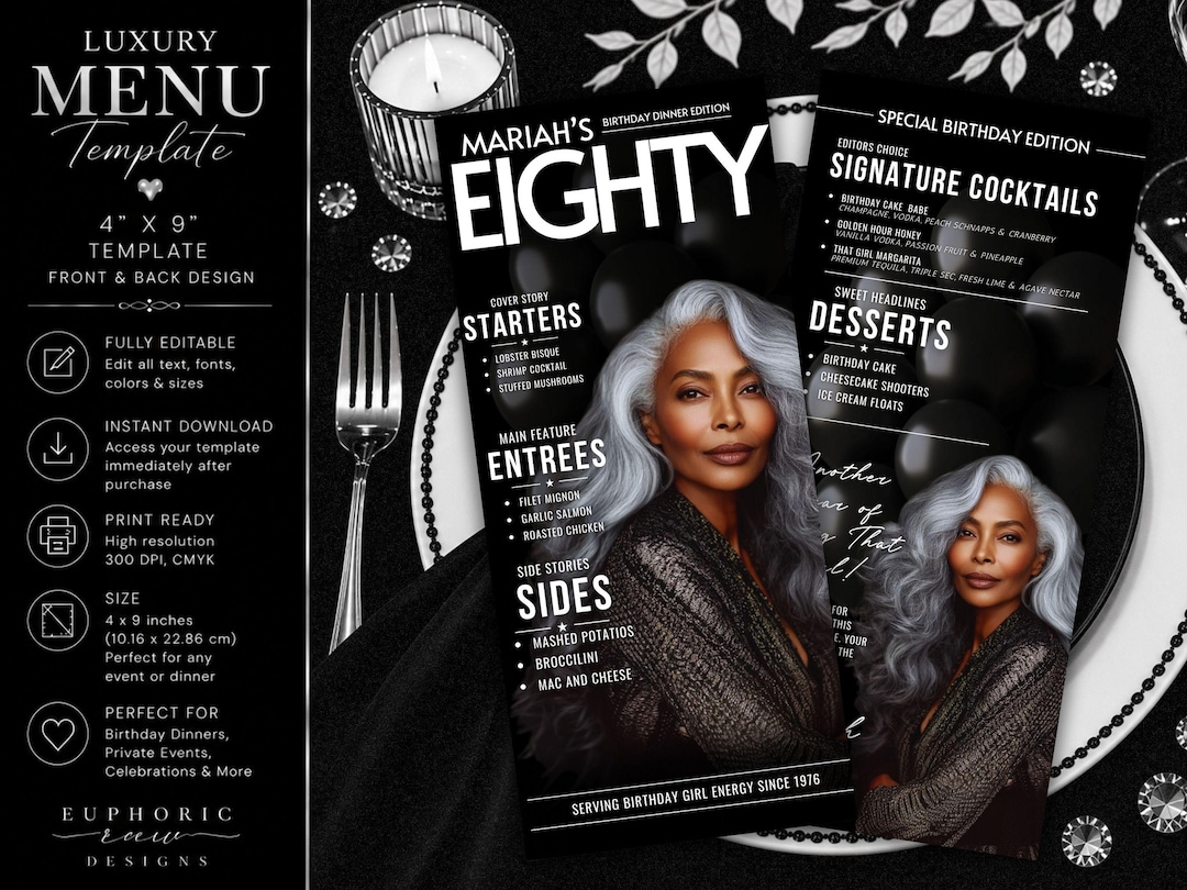 80th Birthday Dinner Menu Template, Black and White Magazine Menu ...