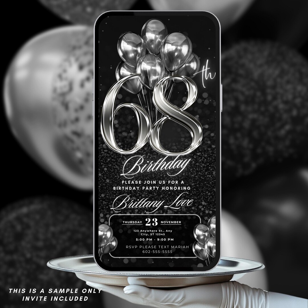 Digital 68th Birthday Party Invitation, Women Black Silver 68th Dinner ...