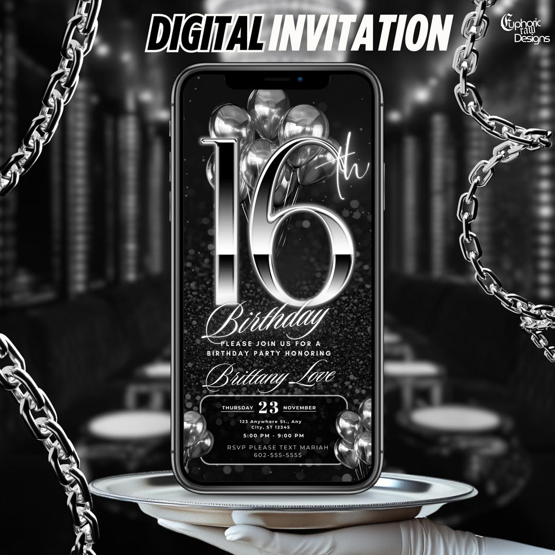 Digital 16th Birthday Party Invitation, Glam Black Silver 16th Dinner ...