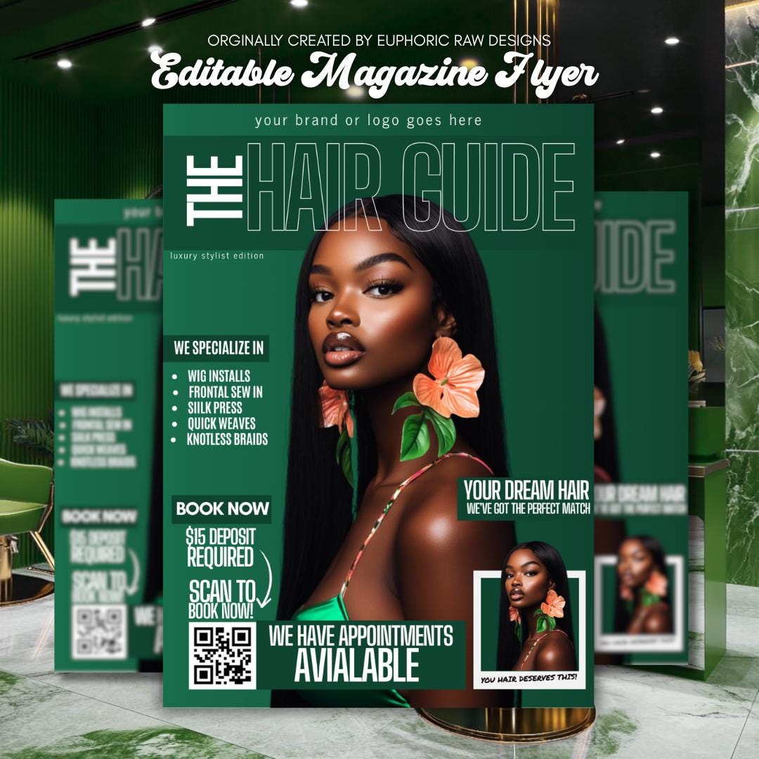 Digital Hair Magazine Cover Booking Flyer, DIY Canva Template, Green ...