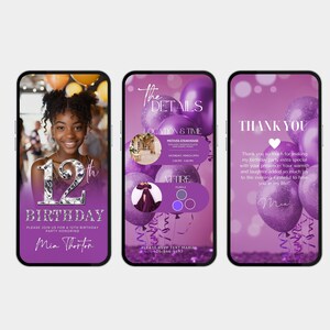 12th Birthday Invitation, Purple Neon, Princess, Girl Electronic Invite ...
