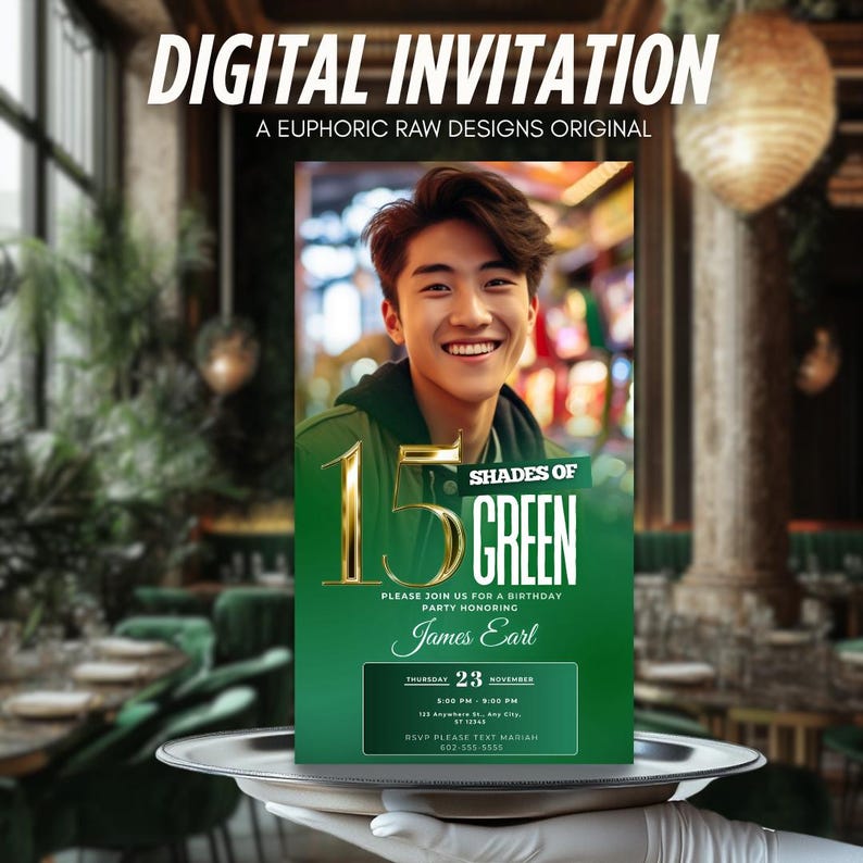 15th Birthday Invitation for Men, Editable Shades of Green Gold Dinner ...