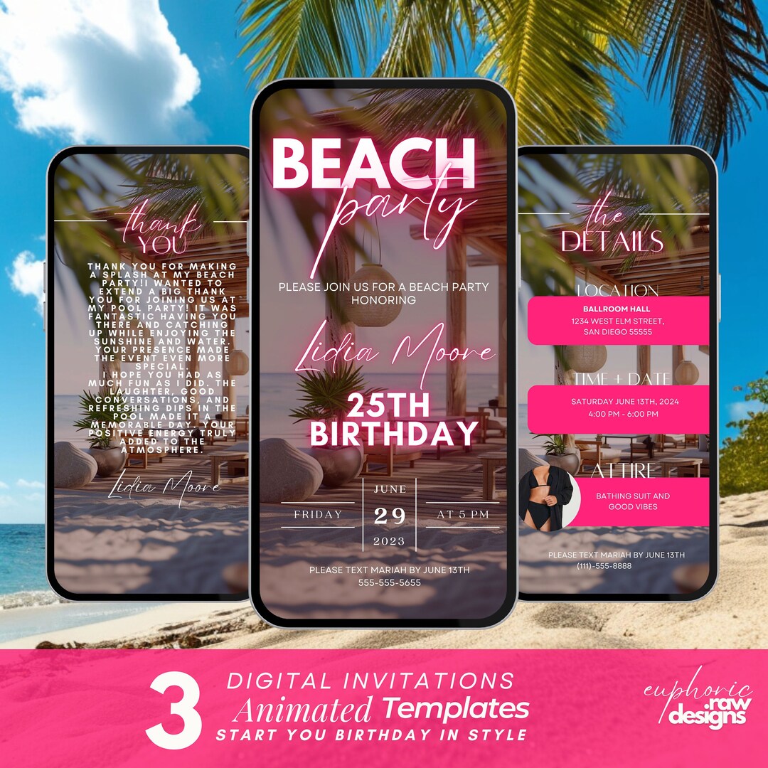 Beach Birthday Party Invitation, Digital Summer Vibes, Beach Bonfire ...