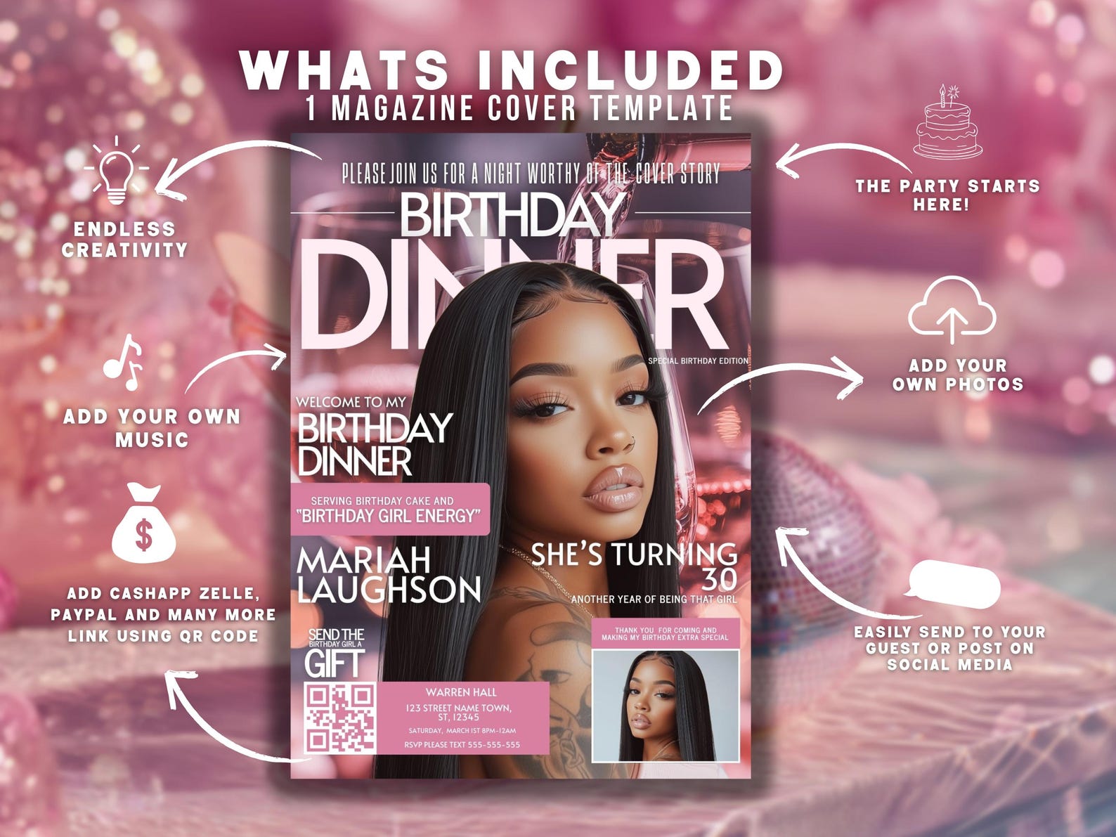 Dinner Magazine Birthday Invitation, Editable Digital Evite Template ...