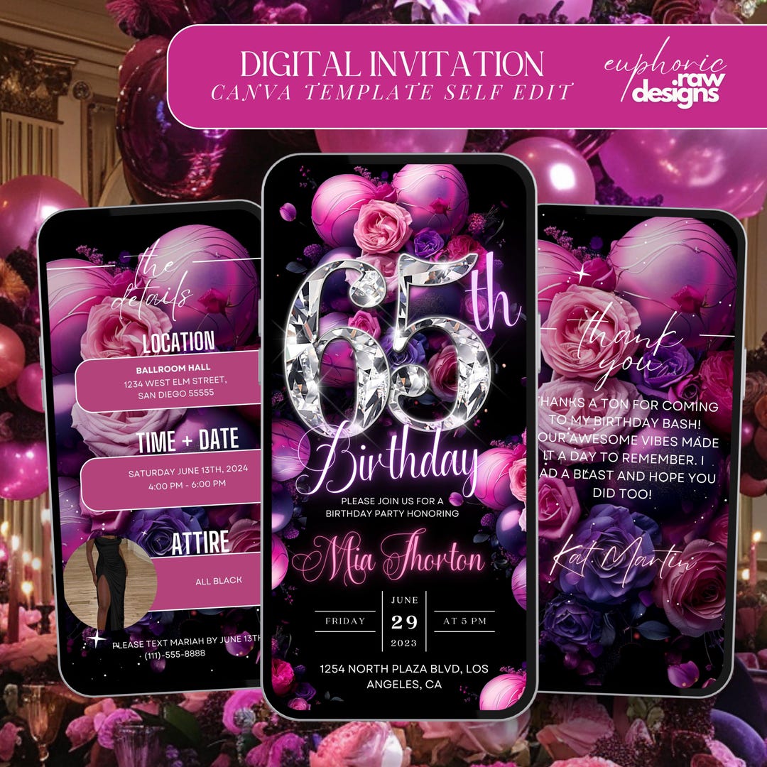 Floral 65th Birthday Invitation, Pink Purple Diamonds, Editable Digital ...