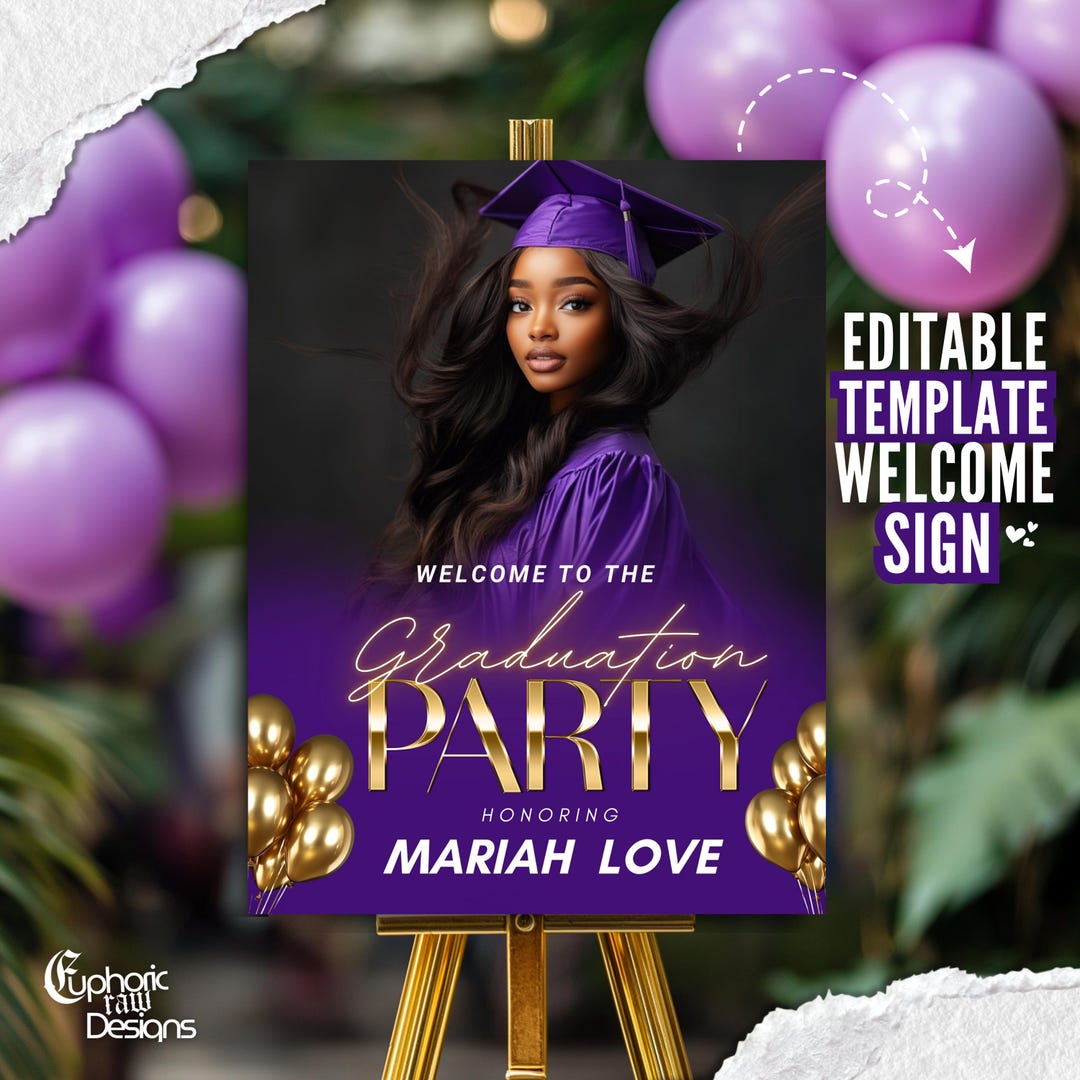 Digital Graduation Welcome Sign Template, Purple Congrats Grad Signage ...