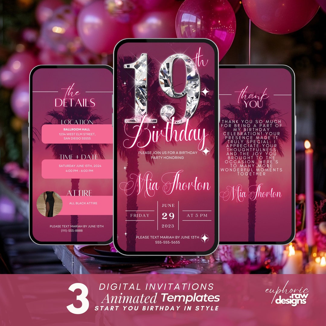 19th Birthday Invitation, Digital Neon Pink Diamond 19th Birthday ...
