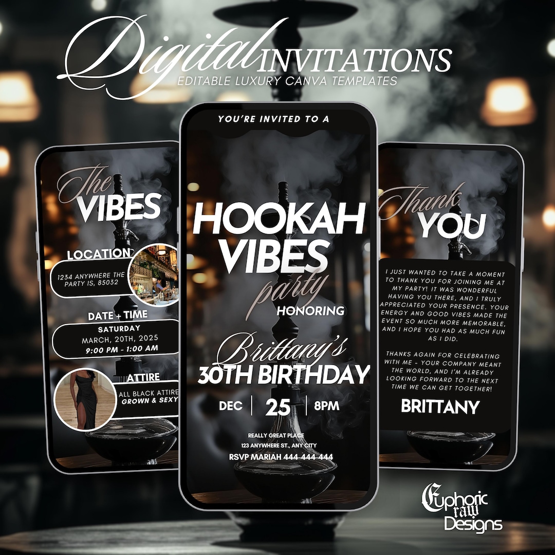 Hookah Birthday Invitation Flyer, Black Digital Shisha Lounge Invite ...
