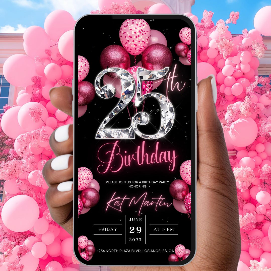 25th Birthday Invitation, Neon Pink Balloons Diamonds, Editable Digital ...