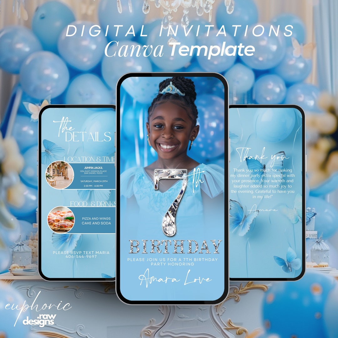 7th Birthday Party Invitation, Neon Blue and Glitter Template, Seventh ...