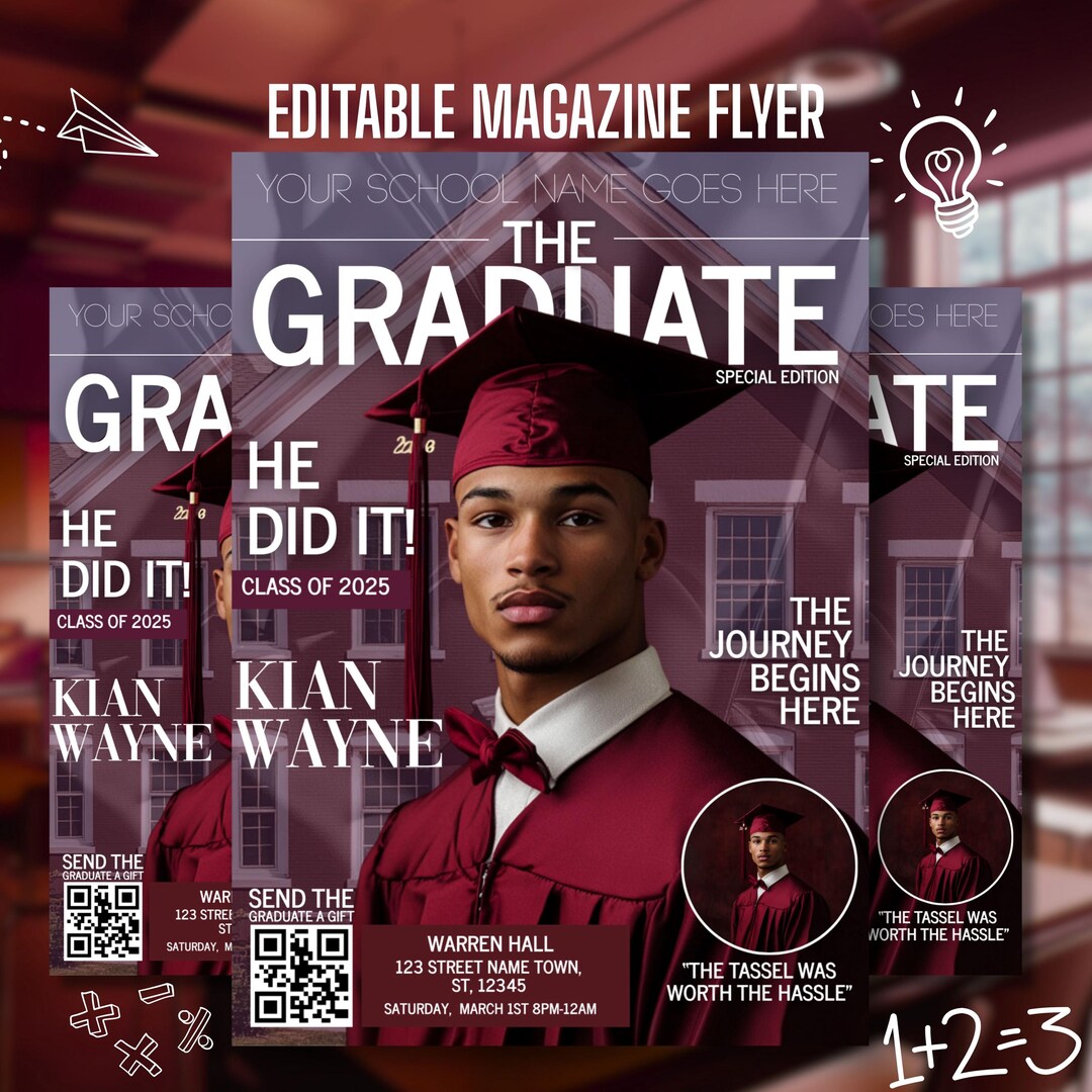 Graduation Invite Magazine Style, Boy DIY Editable Flyer Template, Men ...