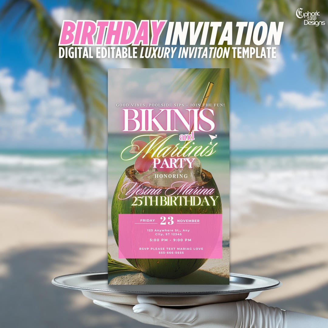 Digital Bikinis & Martinis Invitation, Birthday Pool Party, Beach Bash ...