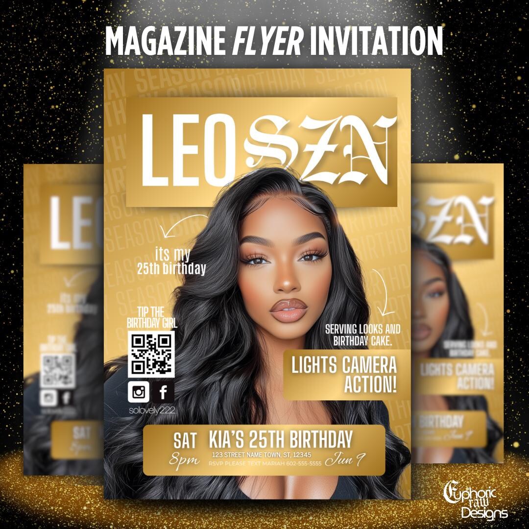 Leo Birthday Invitation, Gold Magazine Style Editable Digital Luxury ...