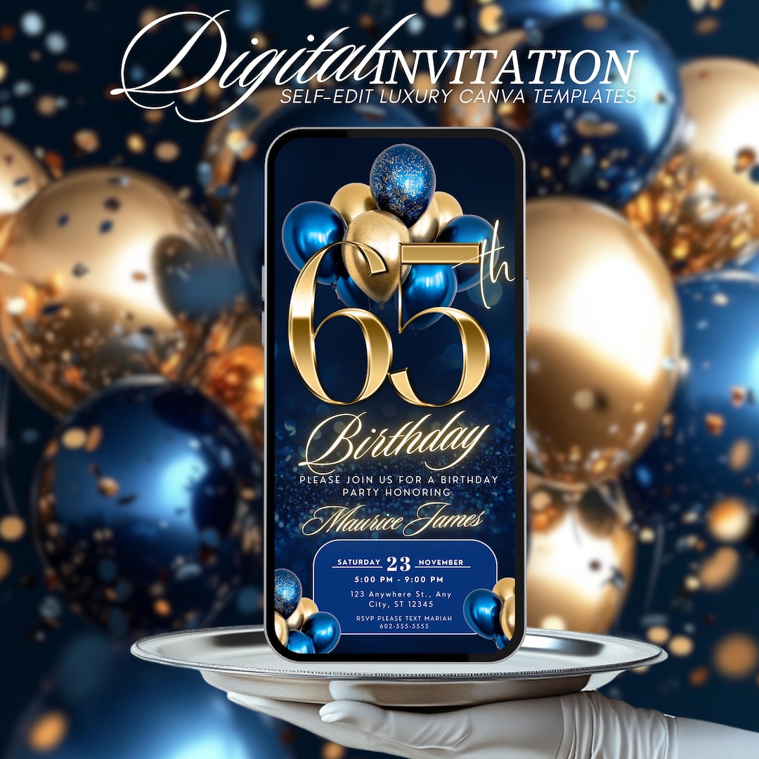 65th Birthday Blue Gold Invitation, 65th Invite Party Animated Elegant ...