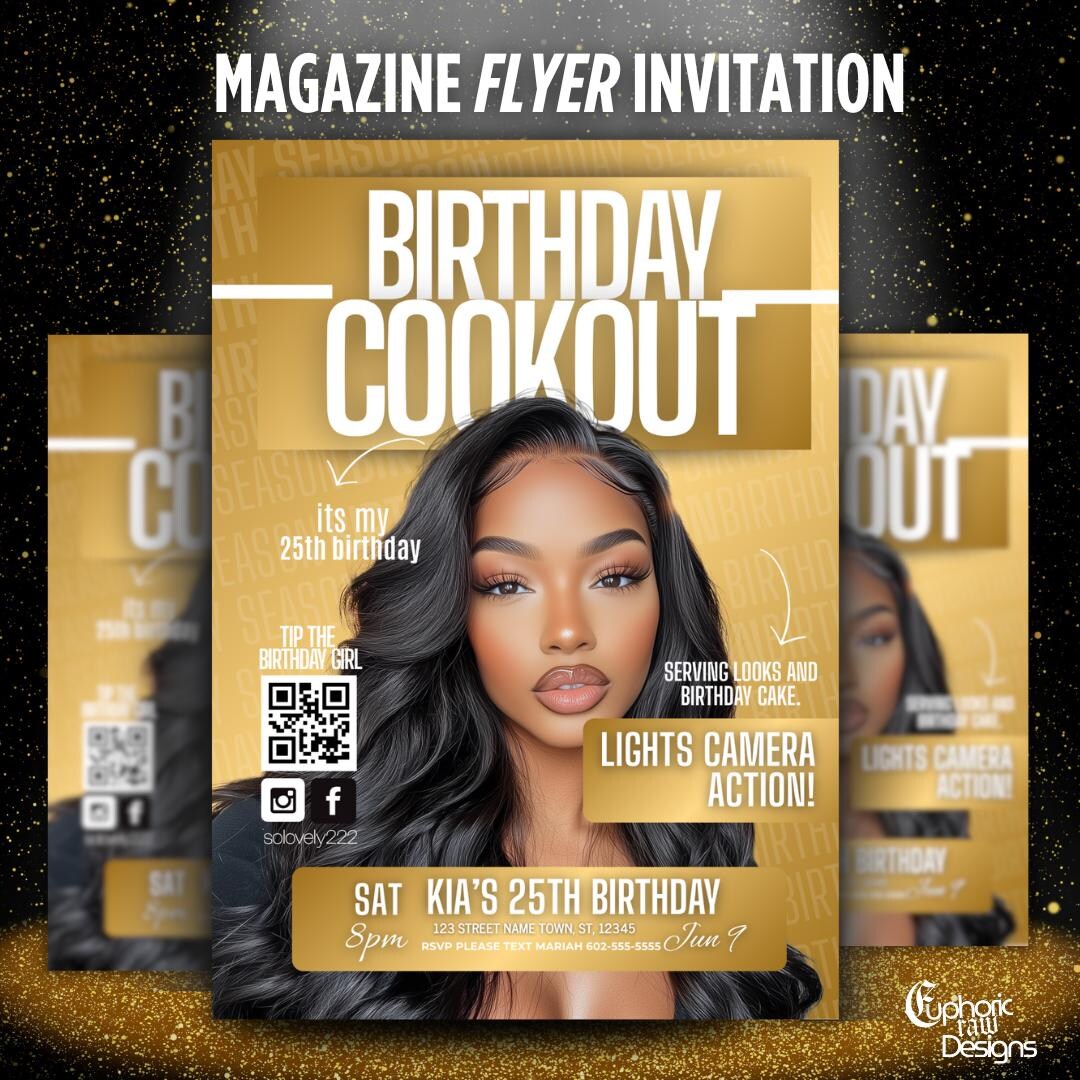 Birthday Cookout Invitation, Gold Magazine Style Editable Digital ...