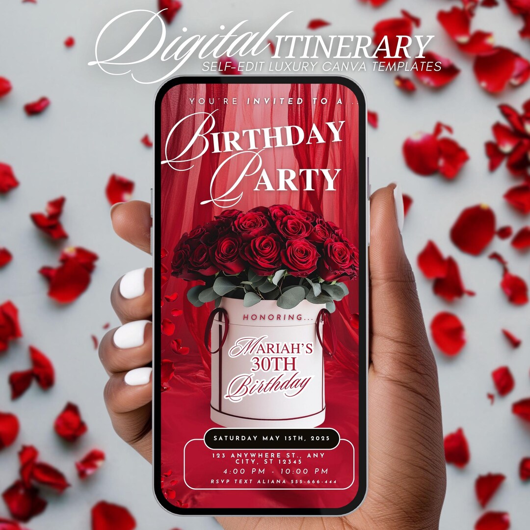 Red Roses Birthday Party Invitation, Digital Editable Invite Template ...