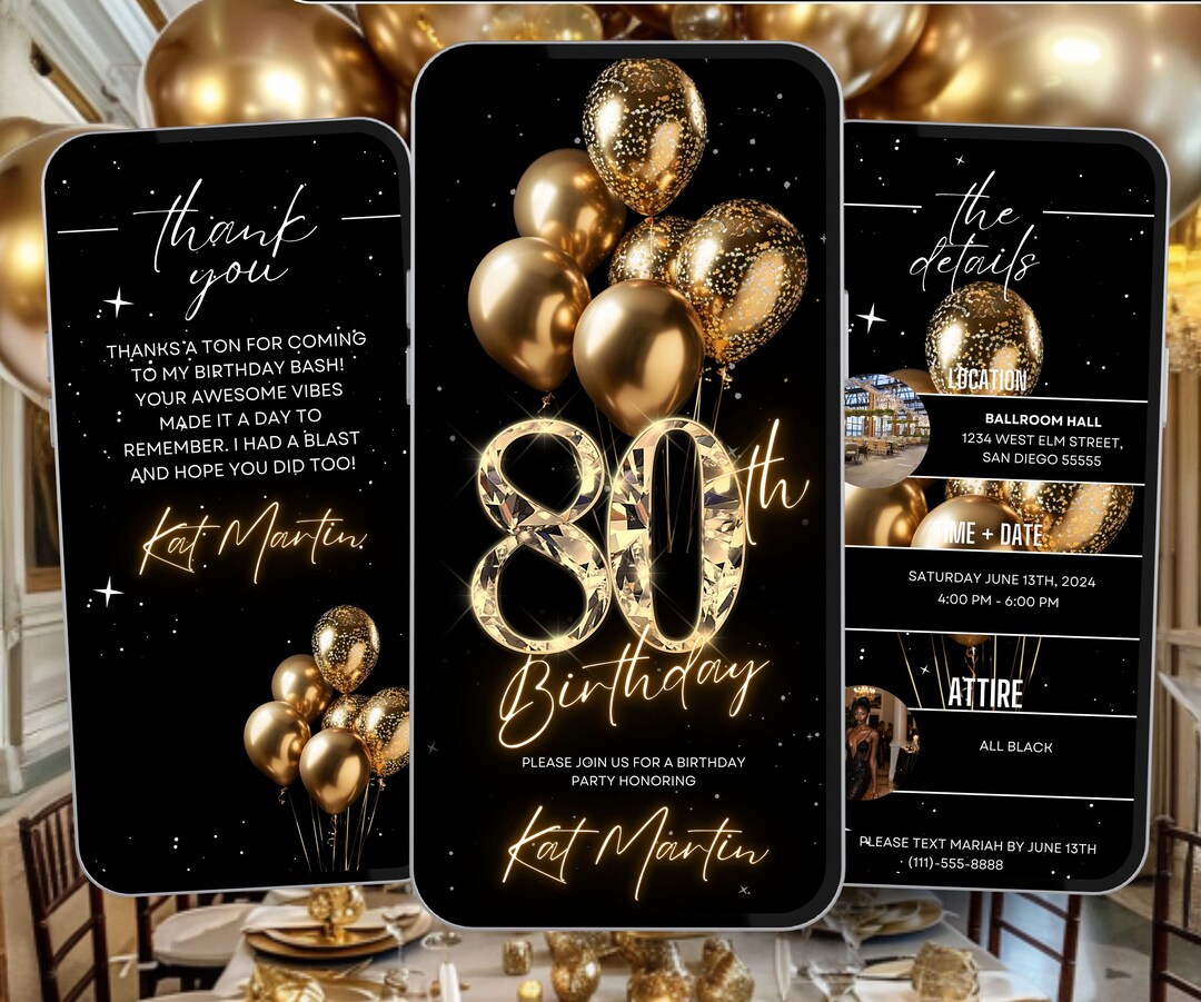 80th Birthday Party Invitation, Gold Balloons Digital 80th Glam Dinner ...