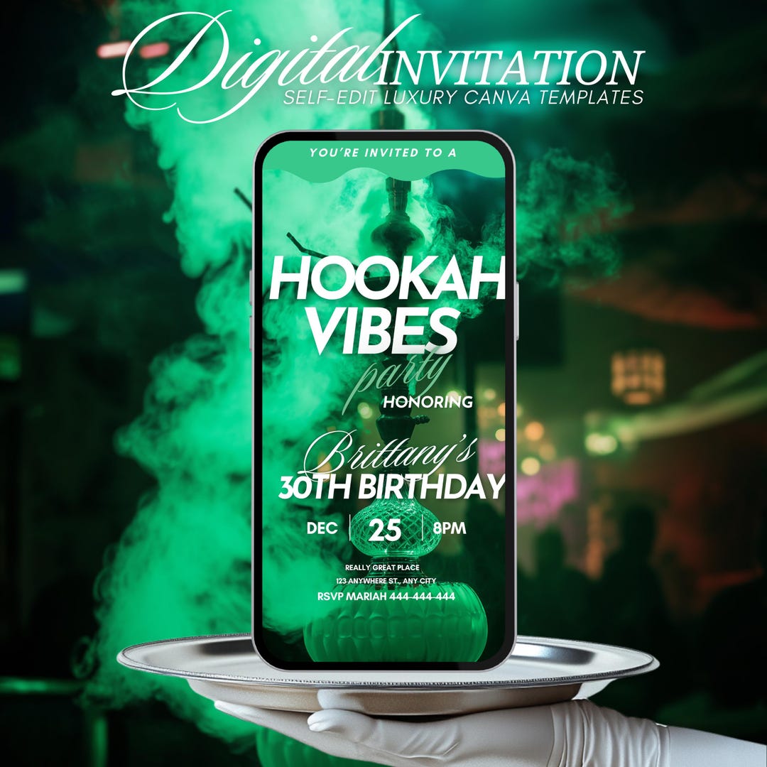 Green Hookah Birthday Invitation Flyer, Digital Shisha Lounge Invite ...