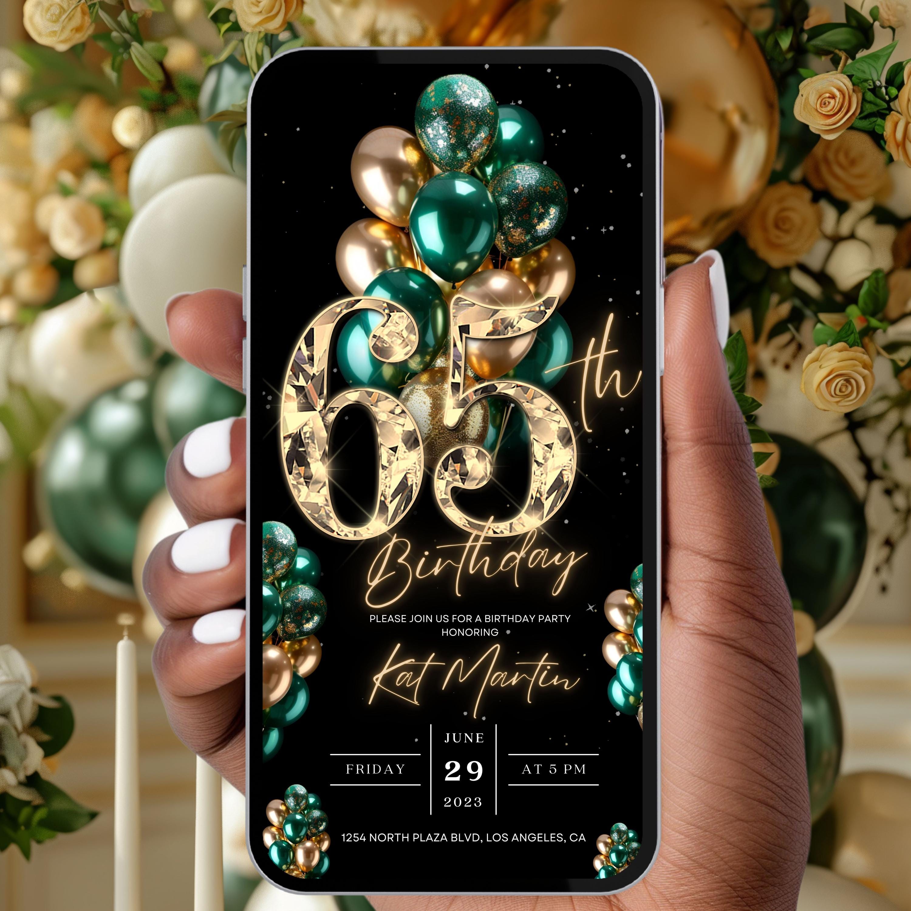 65th Birthday Invitation, Green Gold Balloons Diamonds, Editable ...