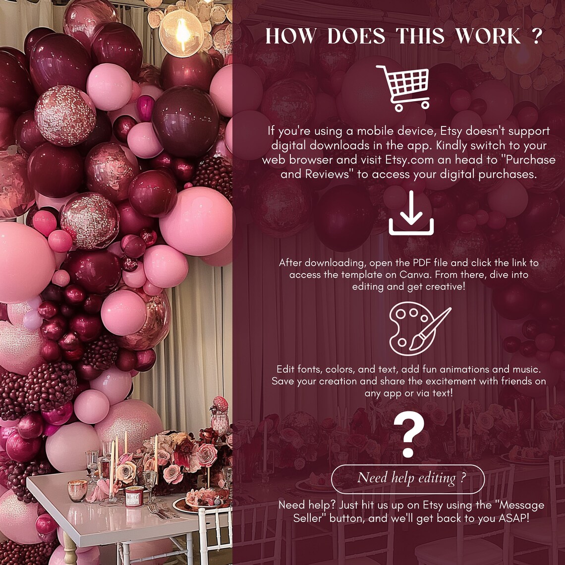 60th Birthday Party Invitation, Maroon Pink Balloons Digital 60th Glam ...