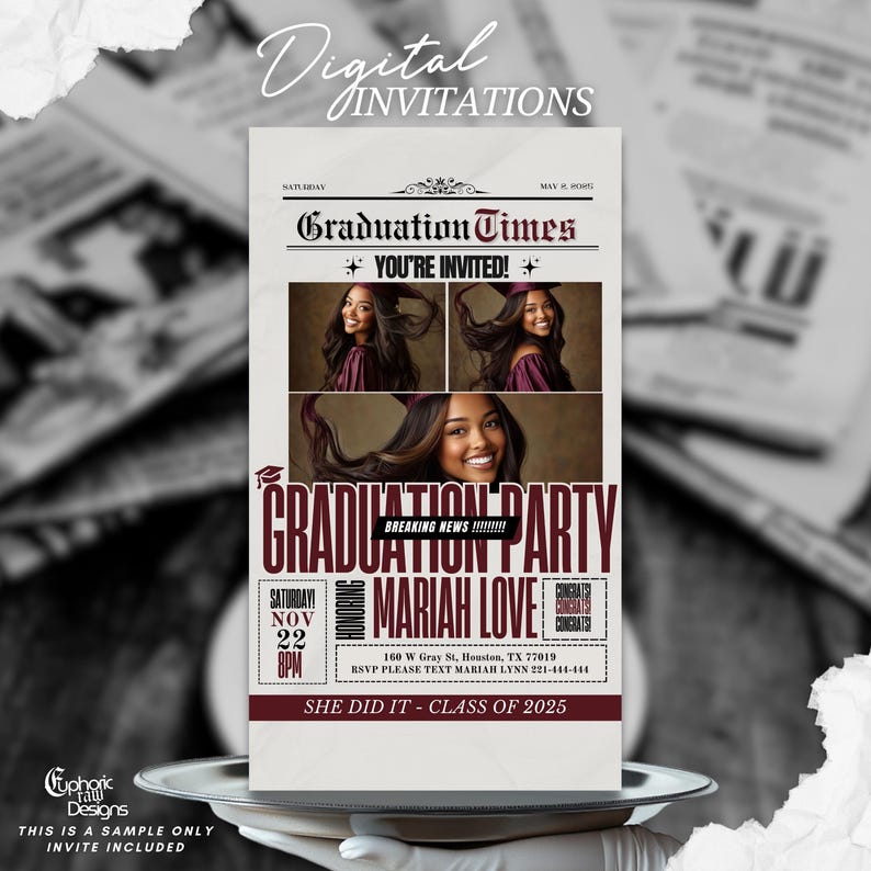 Maroon Newspaper Graduation Party Invitation, Editable Digital Template ...