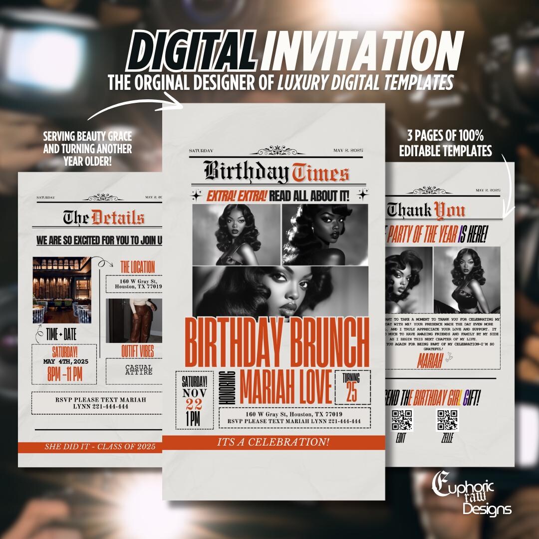 Newspaper Birthday Brunch Invitation, Orange Digital Newspaper Template ...