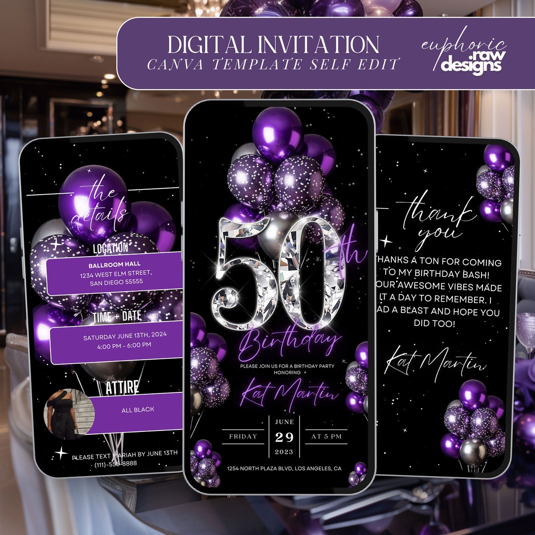 50th Birthday Party Invitation, Purple Silver Digital 50th Glam Dinner ...