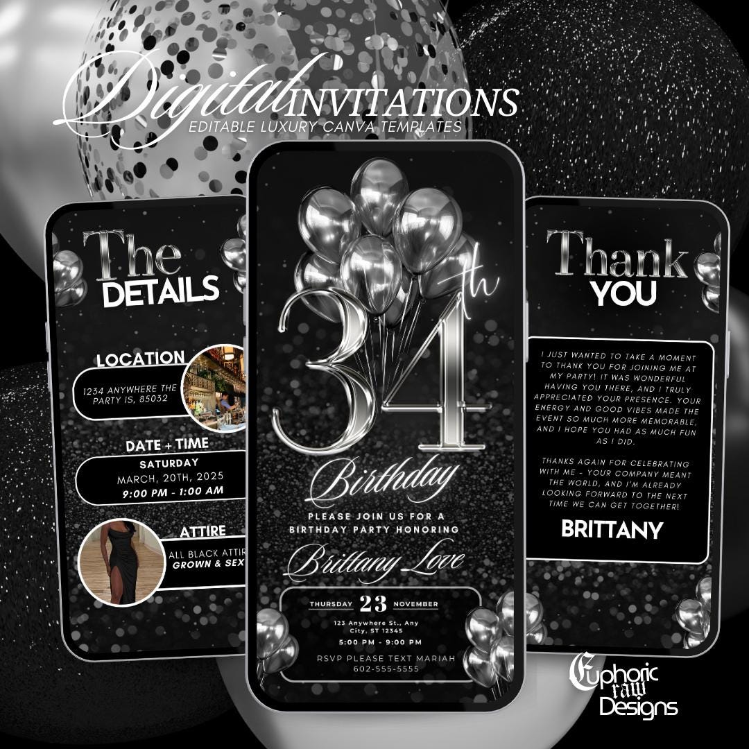 Digital 34th Birthday Party Invitation, Men Black Silver 34th Dinner ...