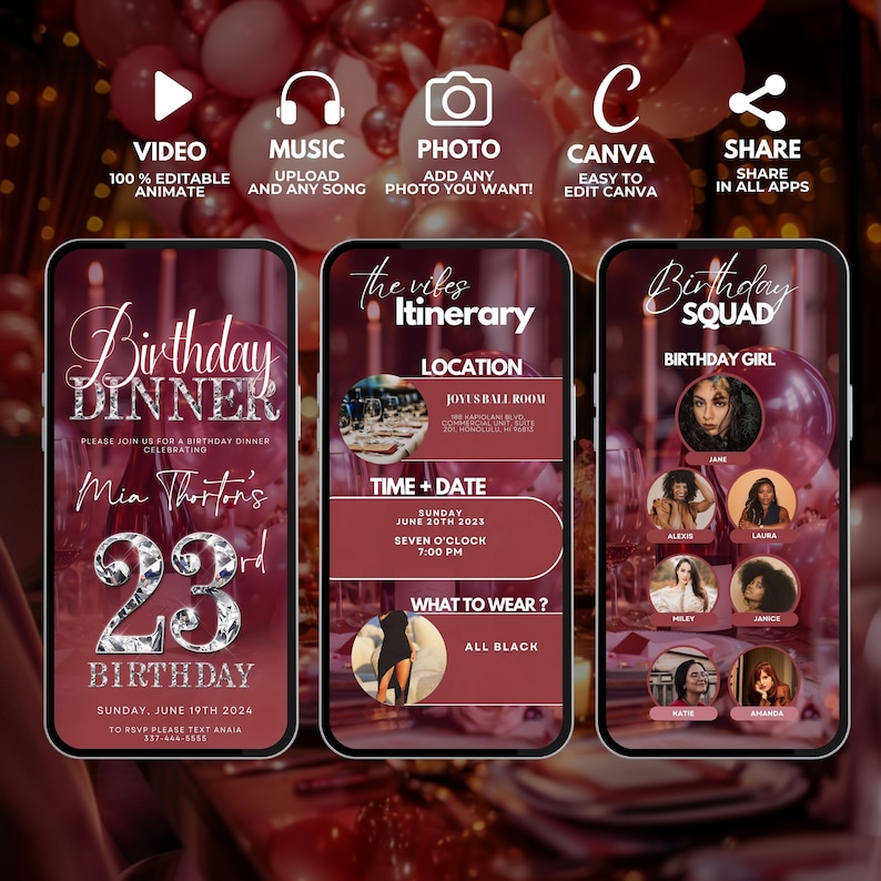 23rd Birthday Dinner Invitation, Pink and Neon, Animated Video Invite ...