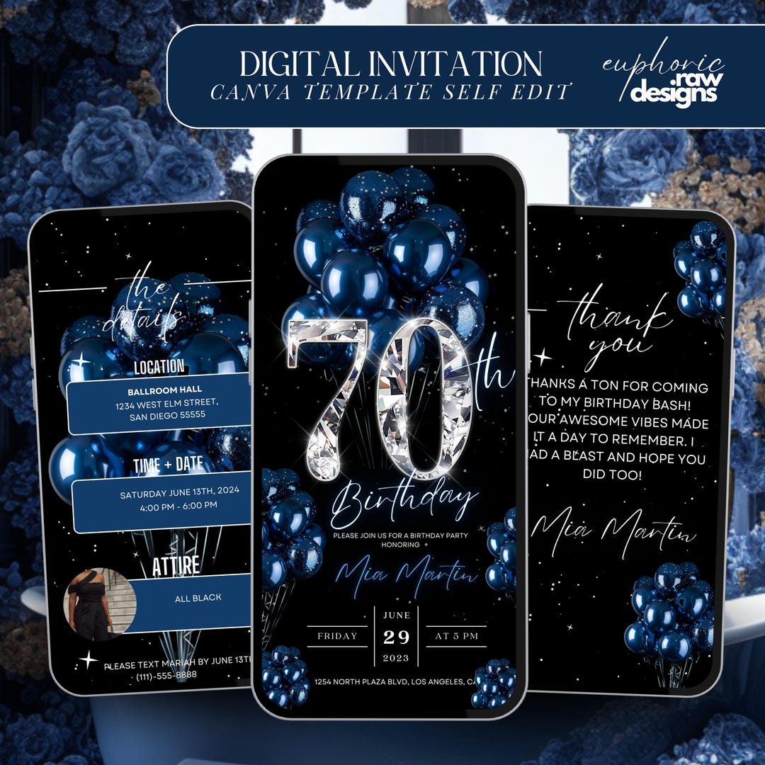 70th Birthday Party Invitation, Navy Blue Balloons, Digital 70th Glam ...