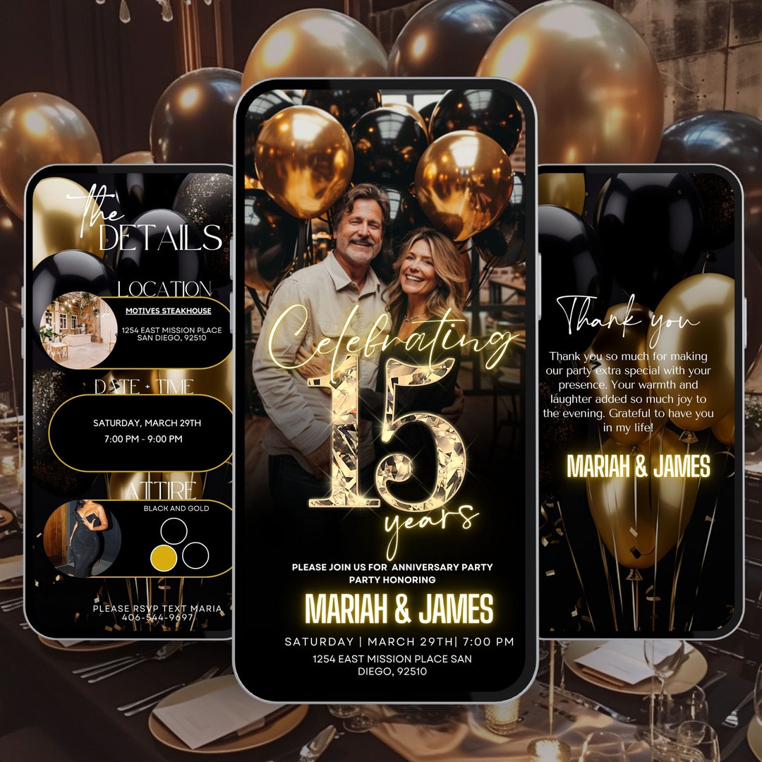15th Anniversary Invitation, Party Itinerary, Black Gold Template ...