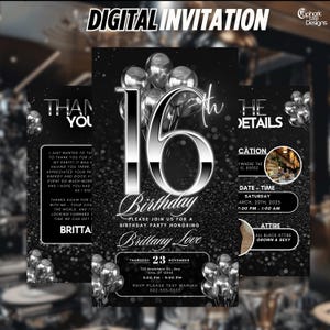 Digital 16th Birthday Party Invitation, Glam Black Silver 16th Dinner ...